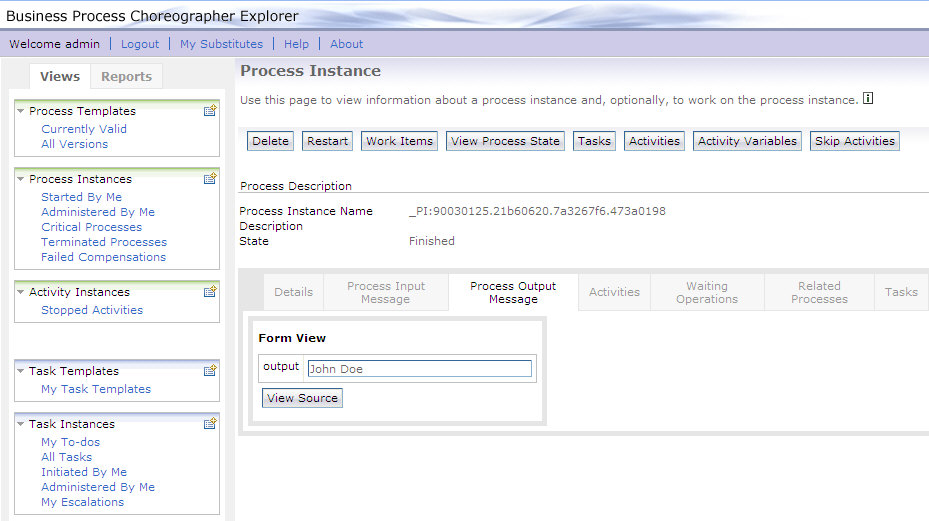 The process output message is displayed: