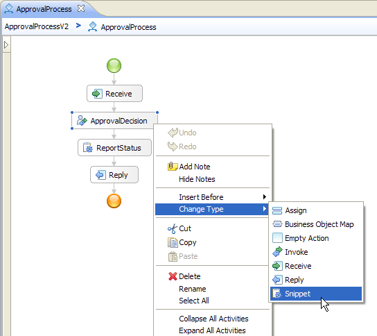 Select the snippet activity ApprovalDecision . Switch to the Properties view and proceed to the ...