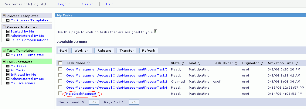 The HelpDeskRequest task is in the ready state.
